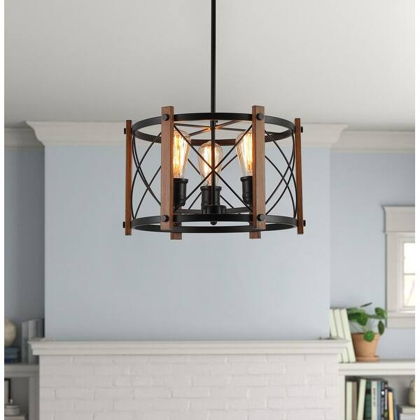 Farmhouse Black 3-Light Metal Cage Frame Pendant With Wood Grain - Bed ...