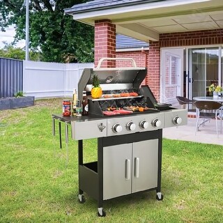 4-Burner Propane Gas BBQ Grill with Side Burner and Enameled Cast Iron ...