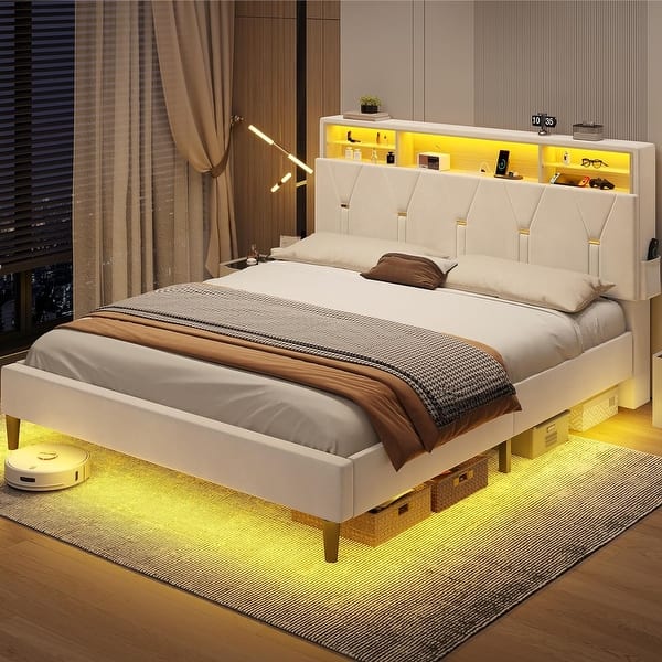 Bed Frame Storage Headboard RGB LED Lights Upholstered Platform - Bed ...