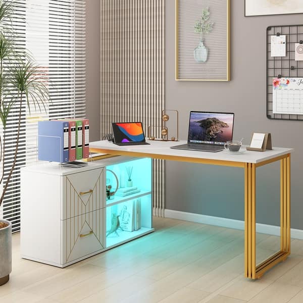 Moasis Reversible L-Shaped Desk with File Cabinet Home Office Gaming ...