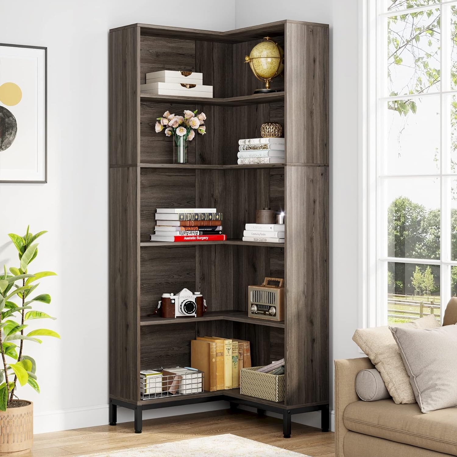 Grey and wood bookcase store