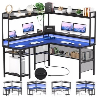 L-Shaped Gaming Desk Table Computer RGB Light & Power Outlets Black ...
