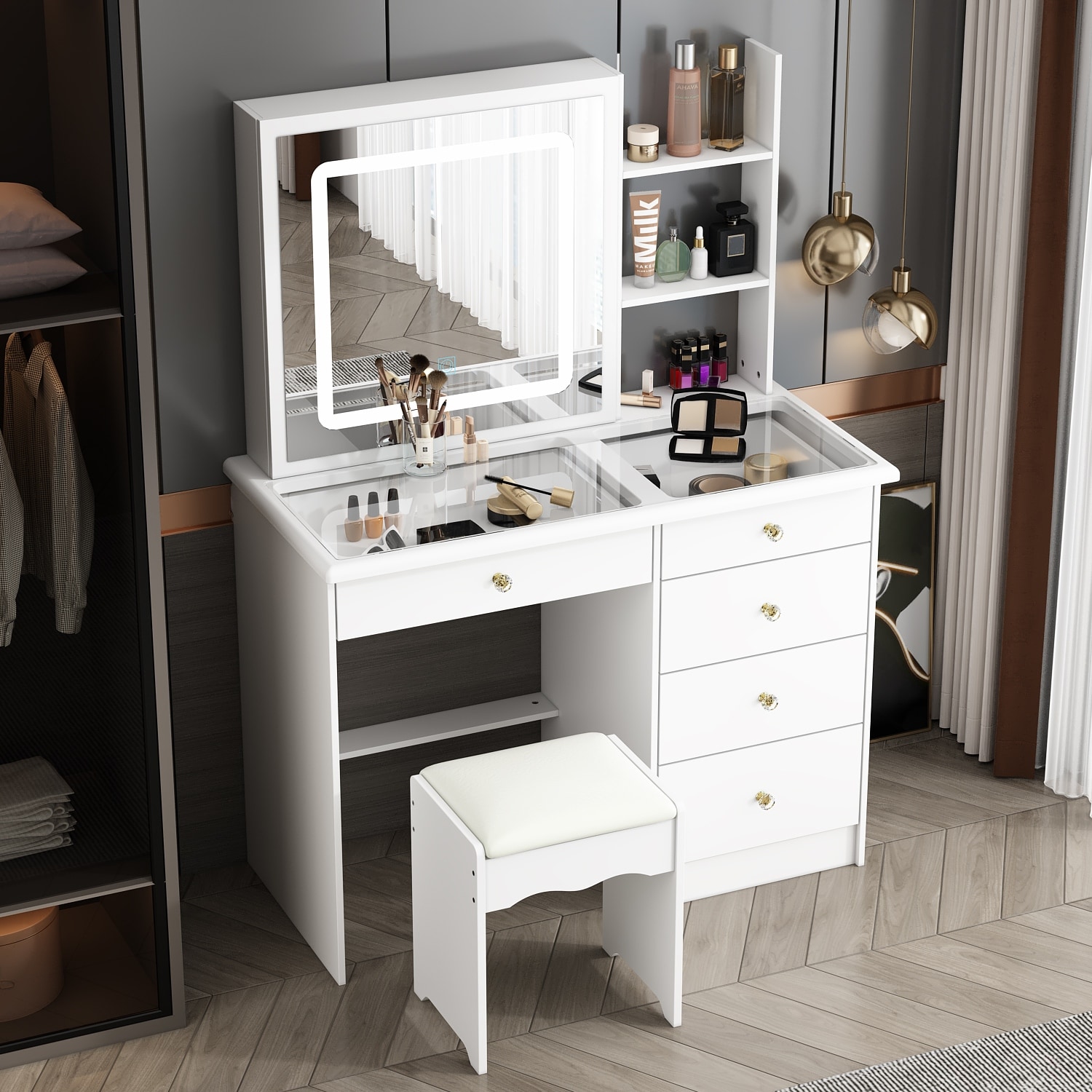 Elegant Makeup Vanity Crystal Accent Lighting Mirror Glass Top Dresser On Sale Bed Bath Beyond 38952063