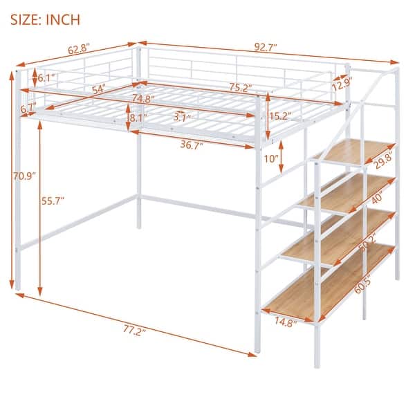 Full Size Metal Frame Loft Bed with Upper Grid Storage Shelf and ...