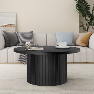 Round Wood Coffee Table with Circle Pedestal End Table - Natural - Bed ...