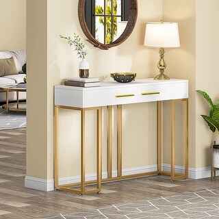 47" Console Table 2-Drawer White Gold Sofa Table Hallway Foyer Table ...