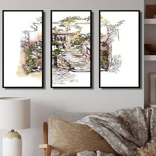 Designart "Vintage Old Europe View V" Vintage Framed Wall Art Set of 3 ...