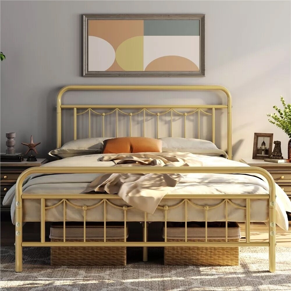 Queen Metal Bed Frame with Vintage Headboard Footboard Antique Gold Beige