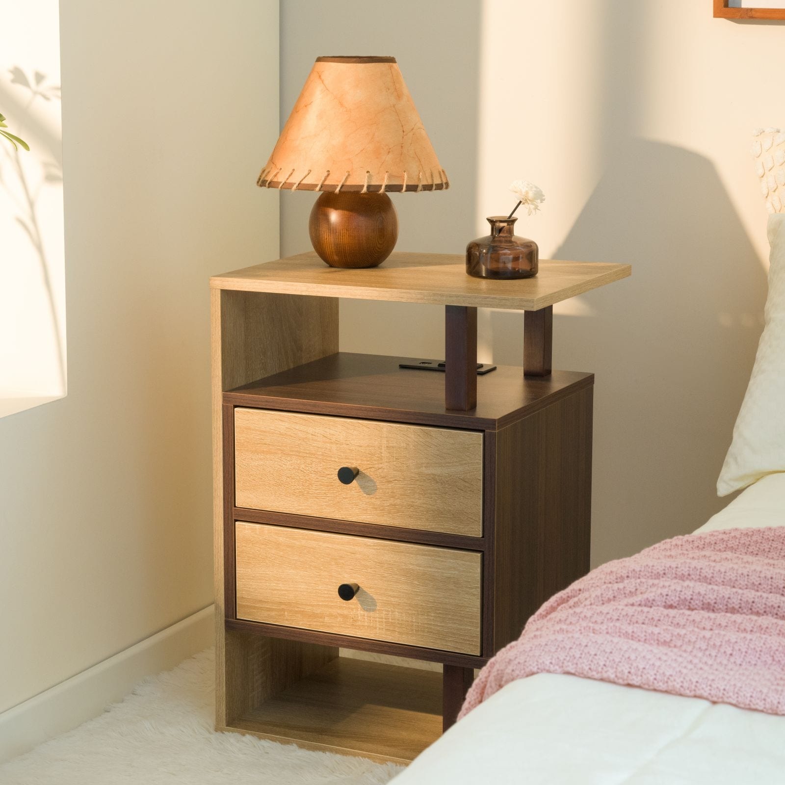 Nightstand with Charging Station Bed Side Table with 2 Drawers Night ...