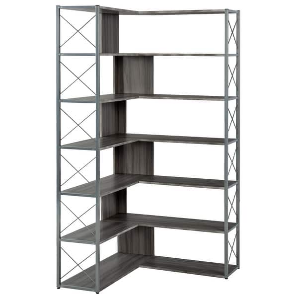 7-Tier L-Shaped Corner Metal Frame Bookcase Home Office Bookshelf - On ...