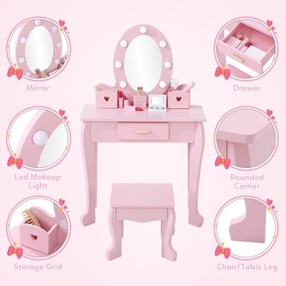 Kids Wooden Dressing Table Round Mirror with Lights Stool - Bed Bath ...