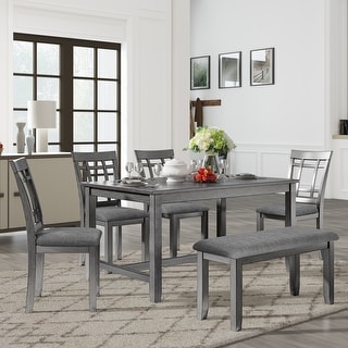 Gray Wood Dining Table set Kitchen set 4 Chairs and Bench (Set of 6 ...