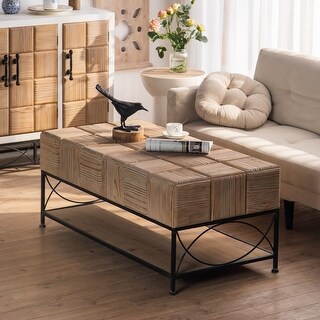 Retro Square Coffee Table w/Grid Splicing Design & Open Storage Shelf ...