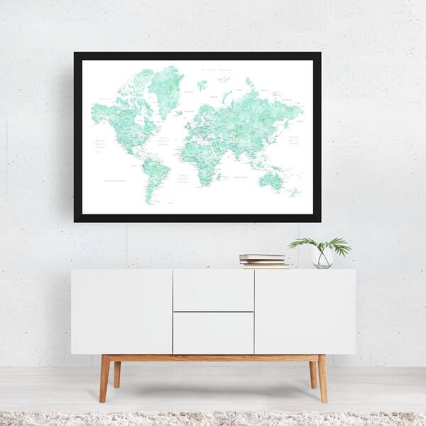 Mint Watercolor World Map with Cities Maps Pastels Art Print/Poster ...