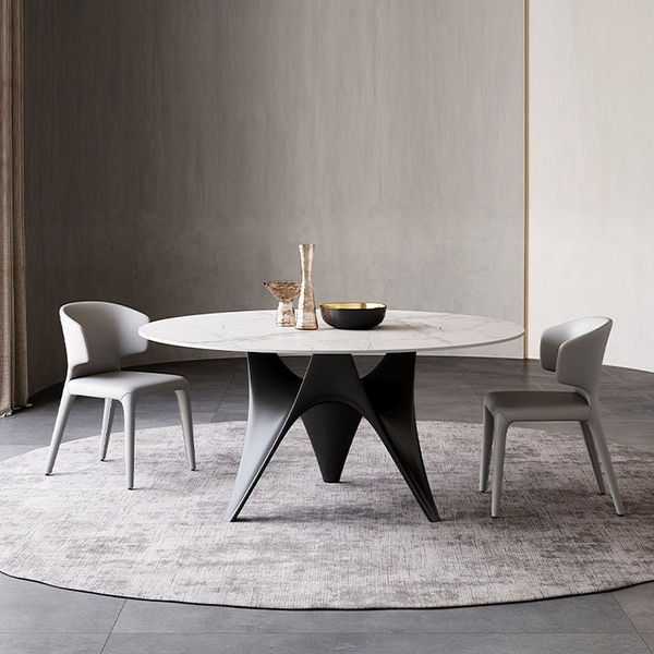 Round Metal Pedestal Dining Table Round Sintered Stone Table with Lazy ...
