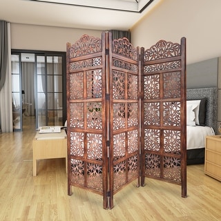 3 Panel Mango Wood Screen with Intricate Cutout Carvings, Brown - Bed ...