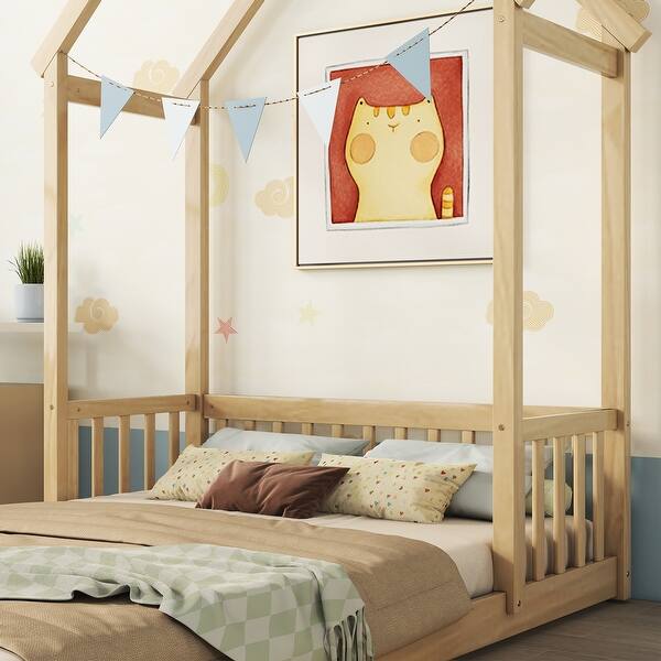 Full Size Floor Bed With House-shaped Roof Headboard Without Slats ...