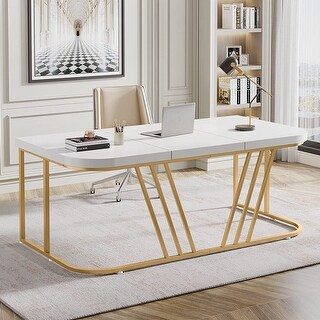 White Gold Office Desk, Large Computer Desk with Gold Metal Frame - Bed ...