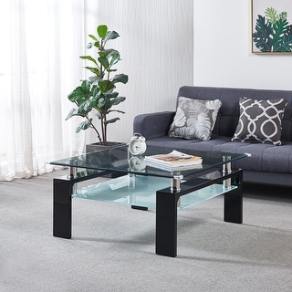 Square 2-Layer Coffee Table with Tempered Glass Top, Contemporary ...
