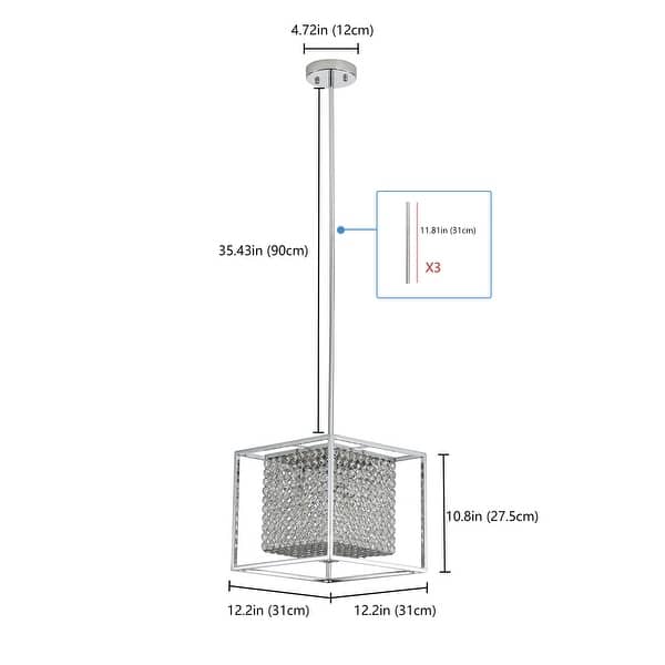 Modern Chrome 1-Light Rectangle Iron Frame Crystal Pendant Lamp - Bed ...