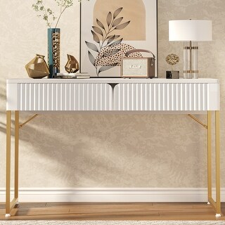 47''Elegant Fluted Computer Desks with 2 Drawers,Modern White Makeup ...