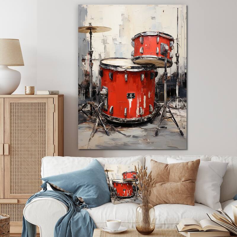 Designart "Red Drum Beat Portrait" Music Wall Art Print Red ...