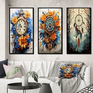 Designart "Boho Time Orange Flowers And Blue Feathers" Dream catcher ...