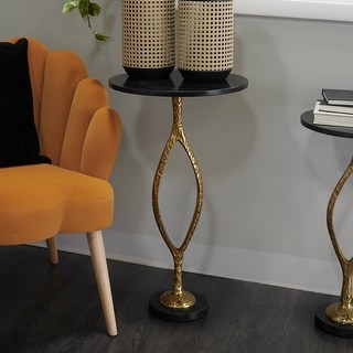 Black Marble Transitional Accent Table with Textured Gold Metal Base ...