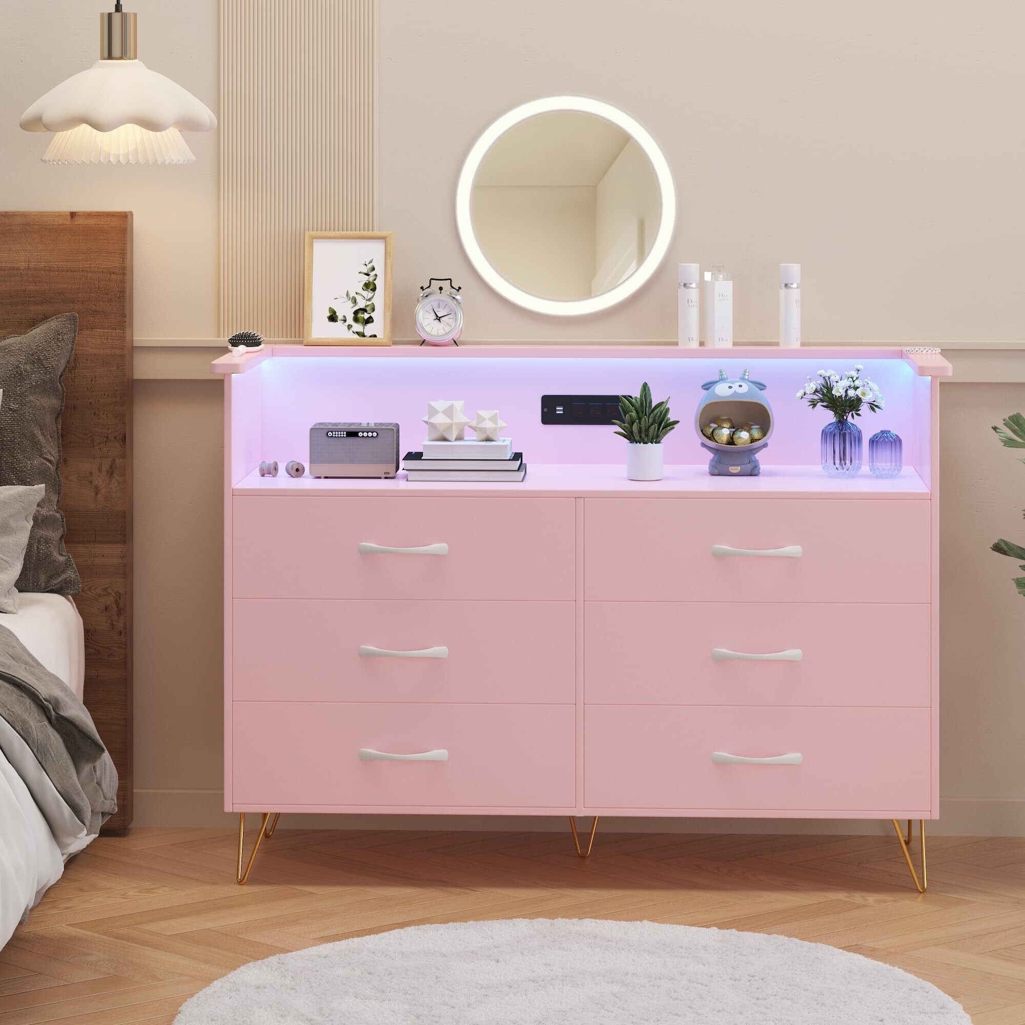 Pink Dresser with LED Light for Bedroom 6 Drawer