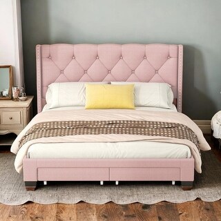Classic Pink Queen Size Storage Bed Linen Solid MDF Upholstered ...