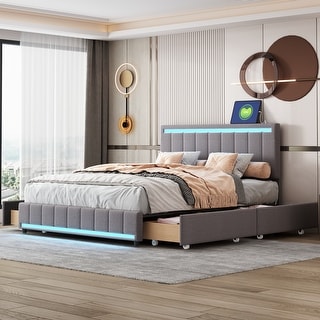 Queen Size Upholstered Bed with LED Light and 4 Drawers, Modern Platform Bed with a set of ...