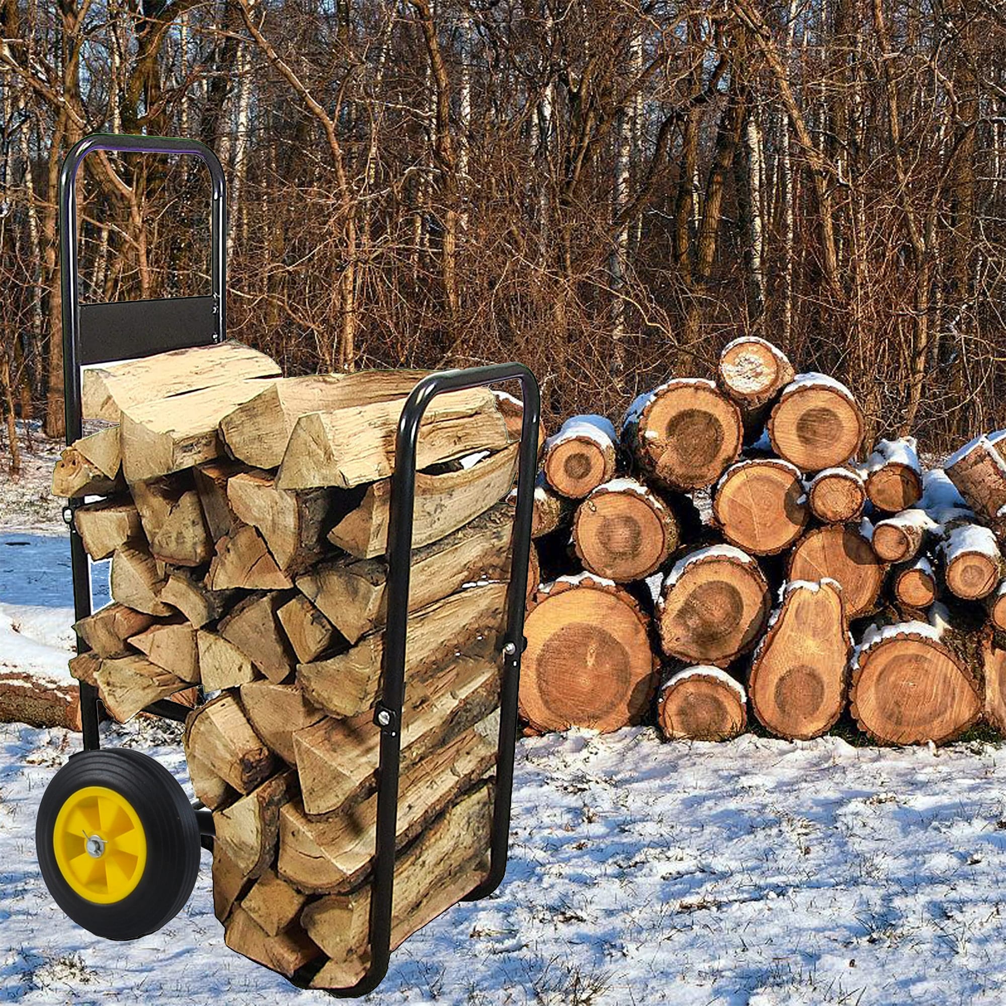 Rolling Wheeled Firewood Log Cart Portable Log Rack with Wheels for ...