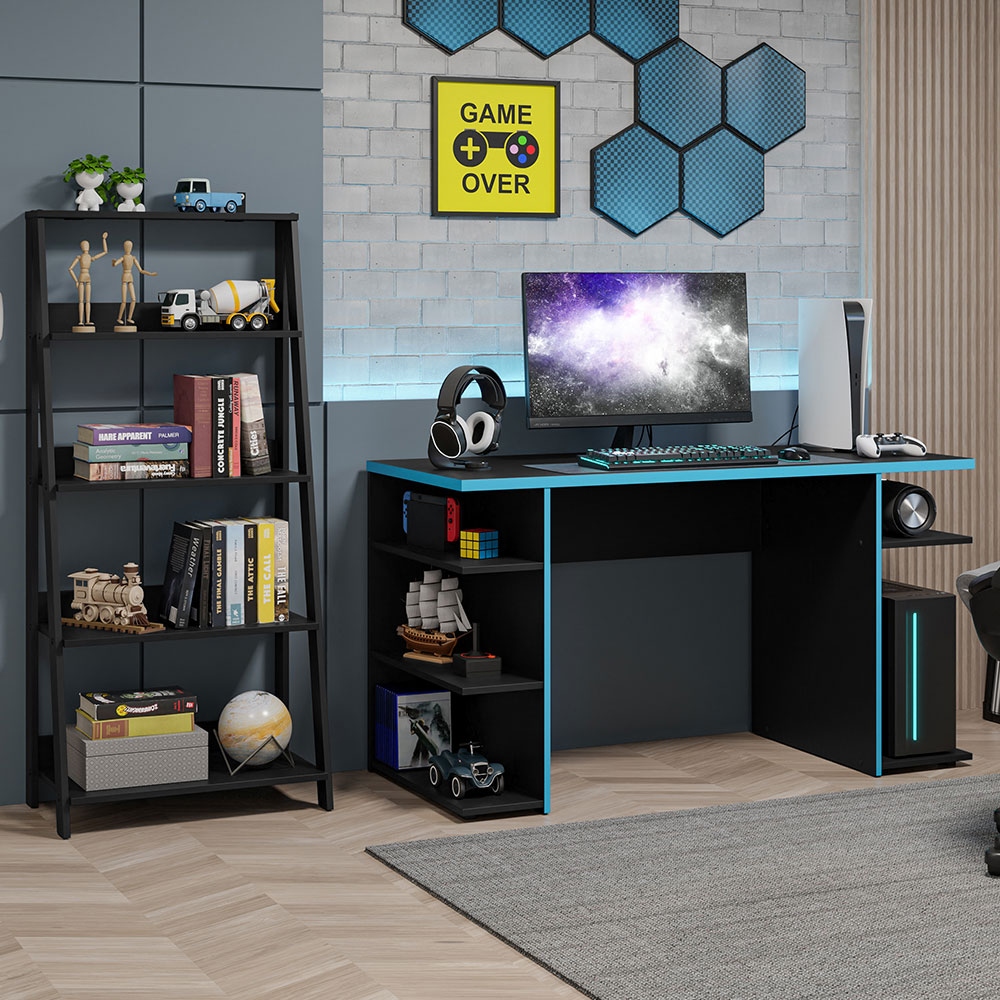 Madesa Gamer Desk Ladder Shelf Standing Bookcase Black
