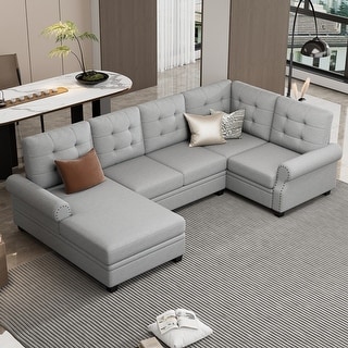 120*58.8" Modern U-Shaped Sectional Sofa with Upholstered Linen Fabric ...