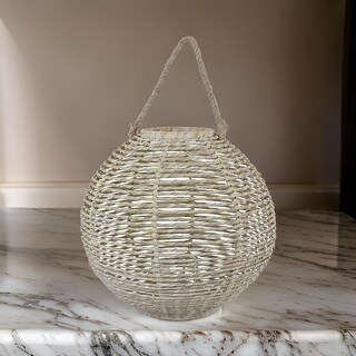 Hani 17 Inch Tabletop Decor Lantern, Woven Fiber Frame, Oval Shape ...