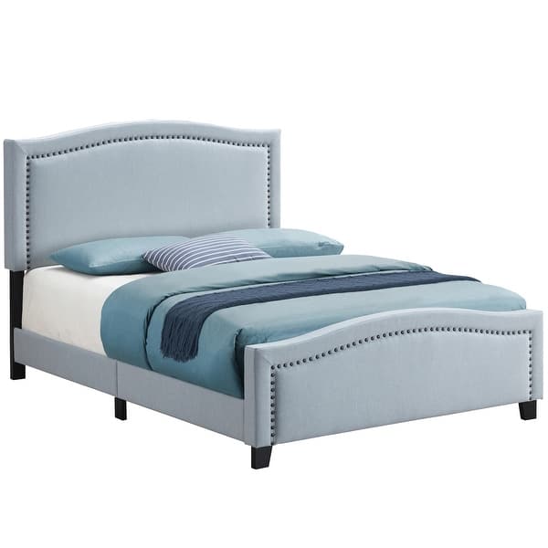 Modern Classic Design Light Blue Upholstered Bed with Brass Nailheads ...