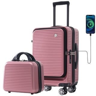 Rose Gold Luggage Set w/ Carrying Case & Front Open Pocket Suitcase ...