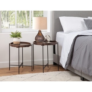 Set of 2 Modern Round Wood Brown Side Tables with Metal Legs ...