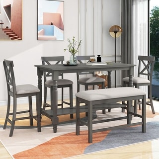 6-piece wooden rectangular countertop height dining table with 4 chairs ...