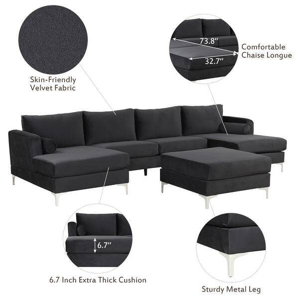 Velvet Fabric Couch Reversible Chaise Sofa U Shaped Couch Sofa with ...