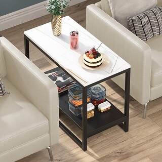 2 Tier Long Side Table, Faux Marble End Table with Open Storage - Bed ...