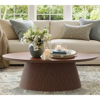 Oval Mid Century Coffee Table with Fluted Design, Wood Grain Veneer ...