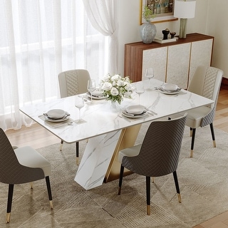 Modern Luxury White Rectangular Dining Table with Glossy Sintered Stone Tabletop, White Z-shaped ...