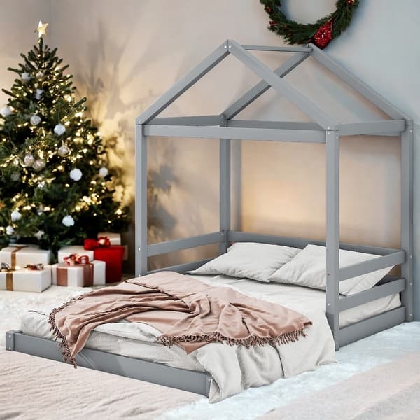 Grey Wood Full Size House Bed with Guardrail and House-shaped Frame ...