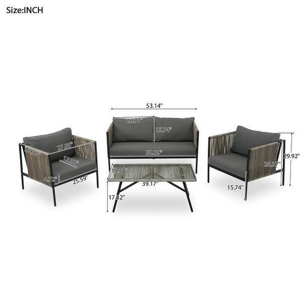 4-Piece Rope Sofa Set with Thick Cushions and Toughened Glass Table ...