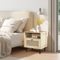 Rattan End Table, Nightstand with Open Storage Shelves and Drawer ...