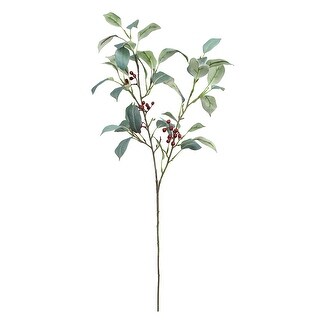 Set of 4 Frosted Green Red Artificial Ficus Leaf Stem Plant Greenery ...
