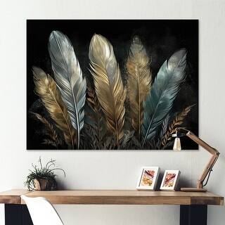 Designart "Gold Gilded Feathers Ii" Glam Feather Canvas Wall Art - Bed ...