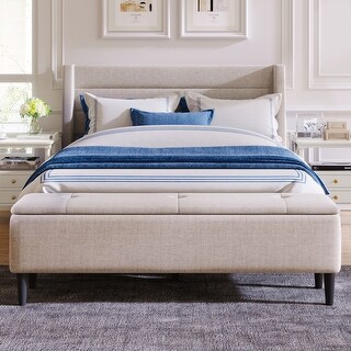 Queen Size Linen Upholstered Storage Platform Bed with Storage Ottoman Bench and Curved Wingback ...