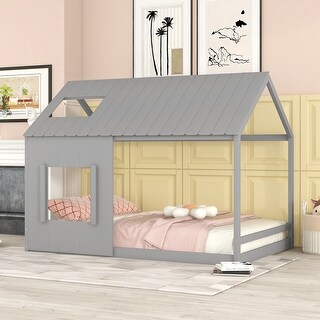 Gray Modern Pine Wood House Bed with Roof and Window, Sturdy ...